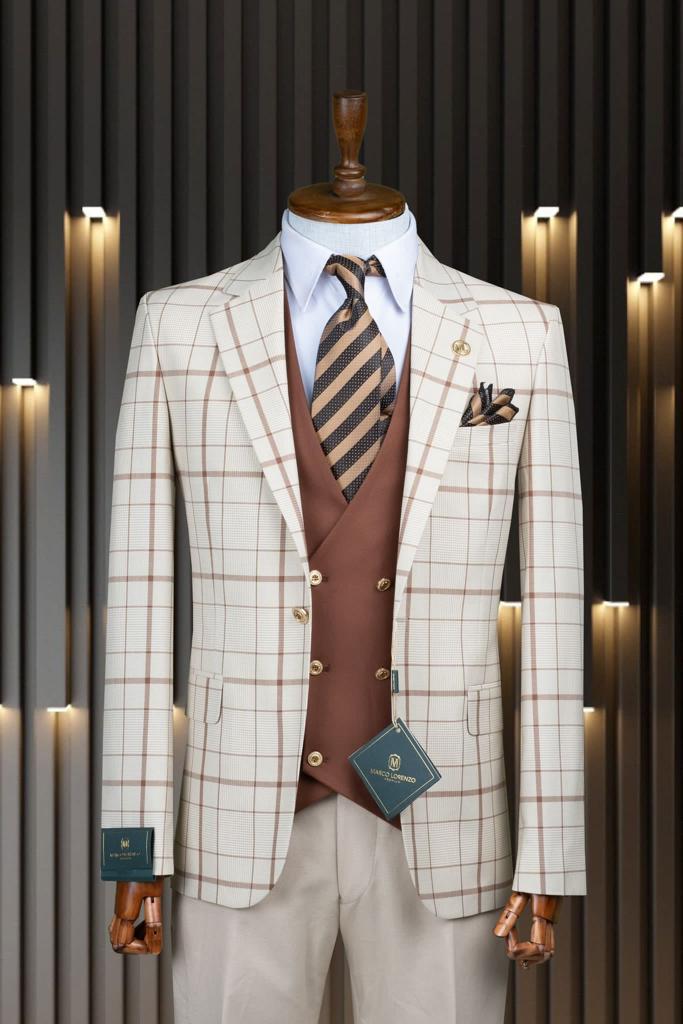 Marco Lorenzo Premium Ivory & Rust Plaid Compose Slim Fit 3pc Suit ...